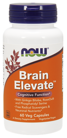 NOW Foods Brain Elevate 60 Cap Bottle Brain Health With Ginkgo Biloba, RoseOx® and Phosphatidyl ...